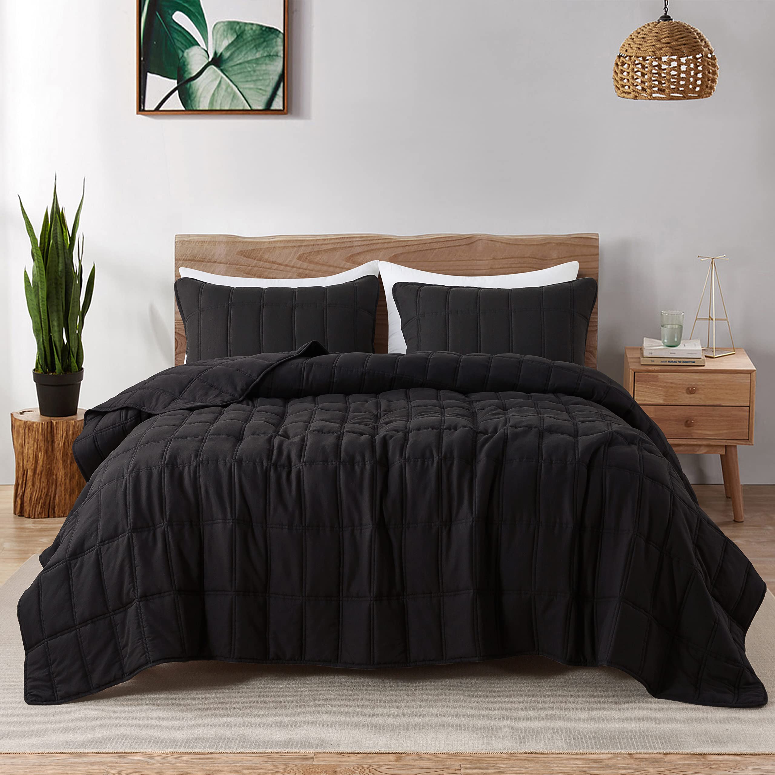 palassio Black Quilt Queen Size Bedding Sets with Pillow Shams, Lightweight Soft Bedspread Coverlet, Quilted Thin Blanket Comforter Bed Cover for All Season Spring Summer, 3 Pieces, 90x90 inches