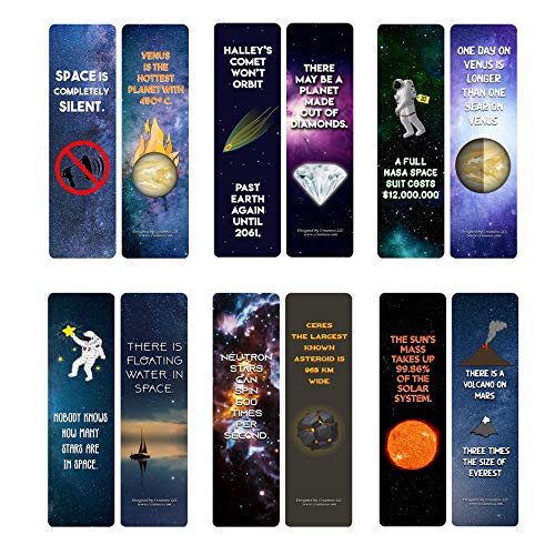 Creanoso Space Fun Facts Bookmarks (30-Pack) – Bookmarker Cards Bulk Set – Premium Gift for Men & Women, Adults, School Children– Giveaway Tokens Gift Ideas – Science Rewards Incentives Book Clippers