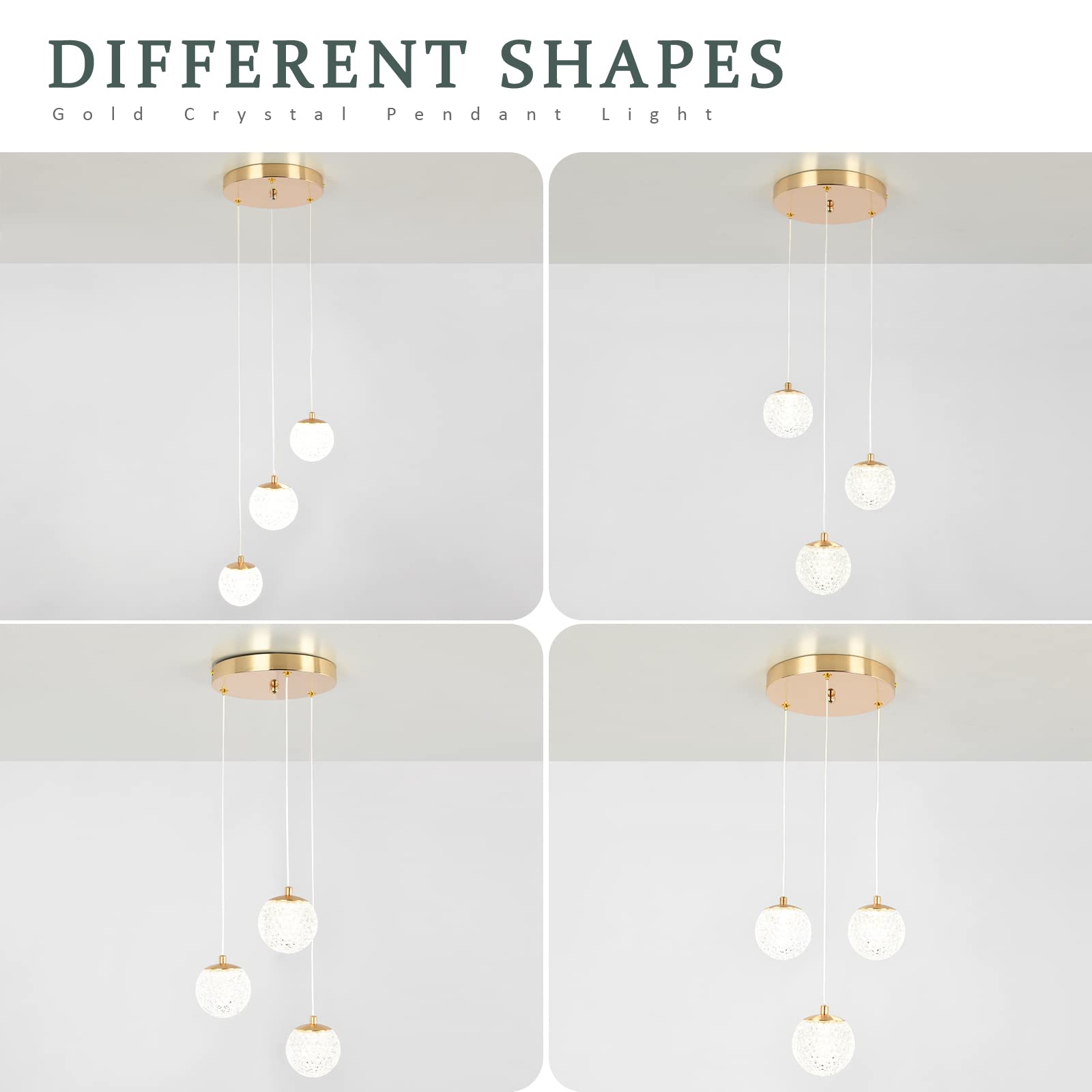 Gold Crystal Pendant Lights 5000k Daylight White,3-Light Mini Led Modern Brushed Brass Light Fixtures Ceiling Hanging, Glass Globes Pendant Lighting for Kitchen Island Bedroom Dining Room Foyer