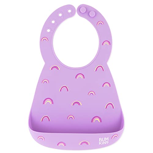 Bumkins Bibs, Silicone Pocket for Babies, Baby Bib for Girl or Boy, for 6-24 Months Up to Toddler, Essential Must Have for Eating, Feeding, Baby Led Weaning Supplies, Mess Saving, Rainbows Purple