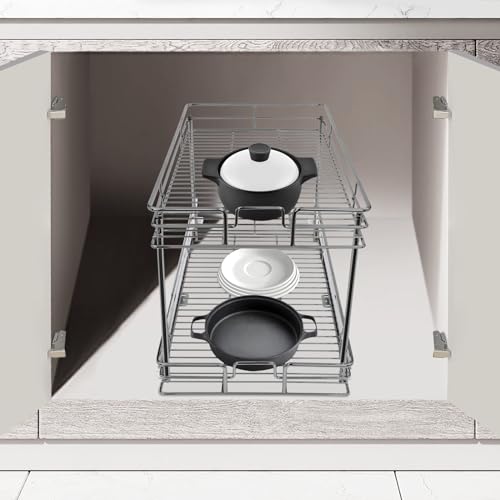 JAJADAH 2-Tier Cabinet Pull Out Shelves, Pull Out Cabinet Organizer, Kitchen Cabinet Organizer for Bathroom/Laundry Room & Kitchen (13.5" X 21.5" - Gray)