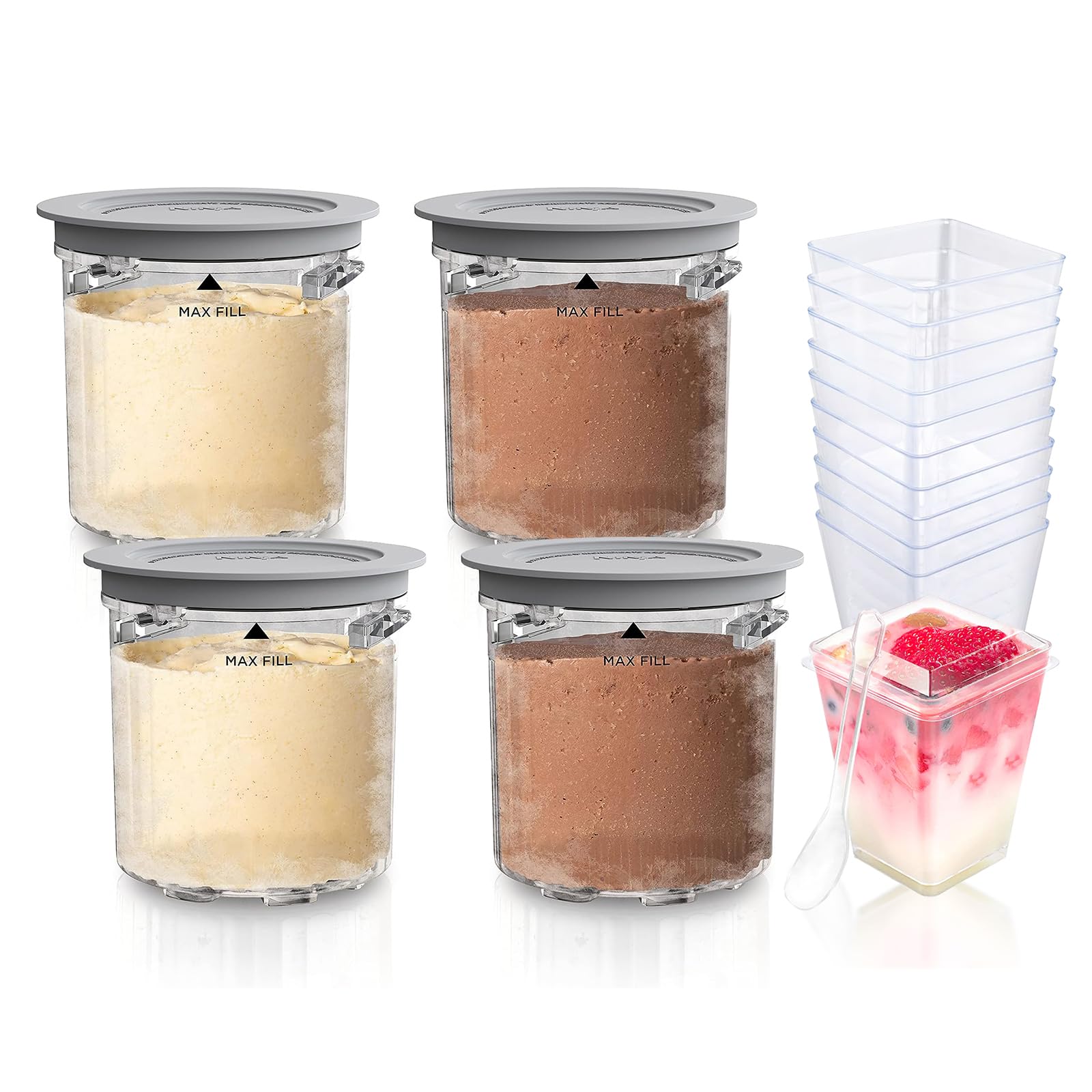 CUTIECLUB 4 Ice Cream Pint Containers and Lids for Ninja CREAMi Breeze NC100 & NC201 Series CREAMi Ice Cream Makers, and 12 Pack 5 oz Square Clear Plastic Dessert Cups with Spoons Set