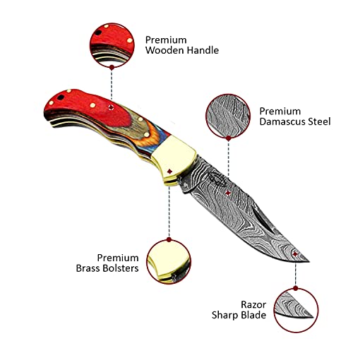 Multi Wood Unique Beautiful 6.5'' Custom Handmade Damascus Steel Brass Bolster Back Lock Folding Pocket Knife Sharpening Rod 100% Prime Quality Plus Beautiful Blue Wood Stainless Steel Pocket Knive