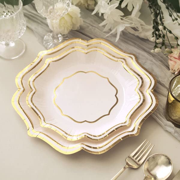 Tableclothsfactory 25 Pack | White/Gold 8" Scallop Rim Dessert Party Paper Plates, Disposable Appetizer Salad Plates - 300 GSM