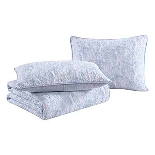 Tommy Bahama - King Quilt Set, Reversible Cotton Bedding with Matching Sham, Coastal Bedding Set with Textured Reverse (Distressed Water Leaves Blue, King)