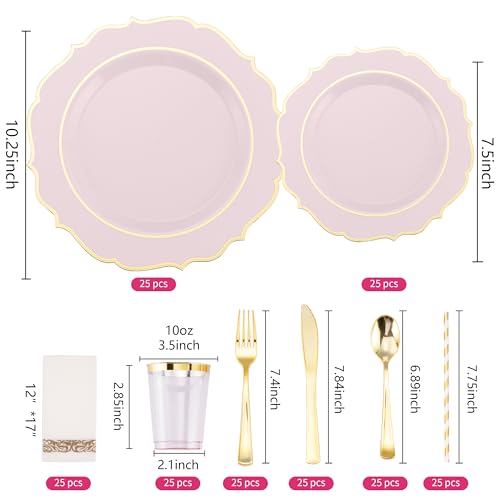 ISFANGCO 200 PCS Pink Thickened Plastic Plates Set for 25 Guests,Gold Rimmed Heavy Duty Disposable Plates for Party Wedding with Napkins,25 Dinner Plates,Dessert Plates,Spoons,Forks,Knives,Cups