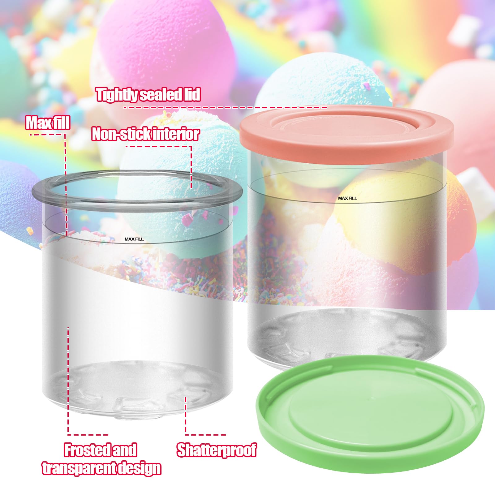 lelinker for Ninja Creami Ice Cream Maker Pints, Compatible with Ninja Creami Pints and Lids 4 Pack, [with 4 Pack Ice Cream Scoop] Compatible with nNC301,NC300,NC299AMZ Series Ice Cream Maker