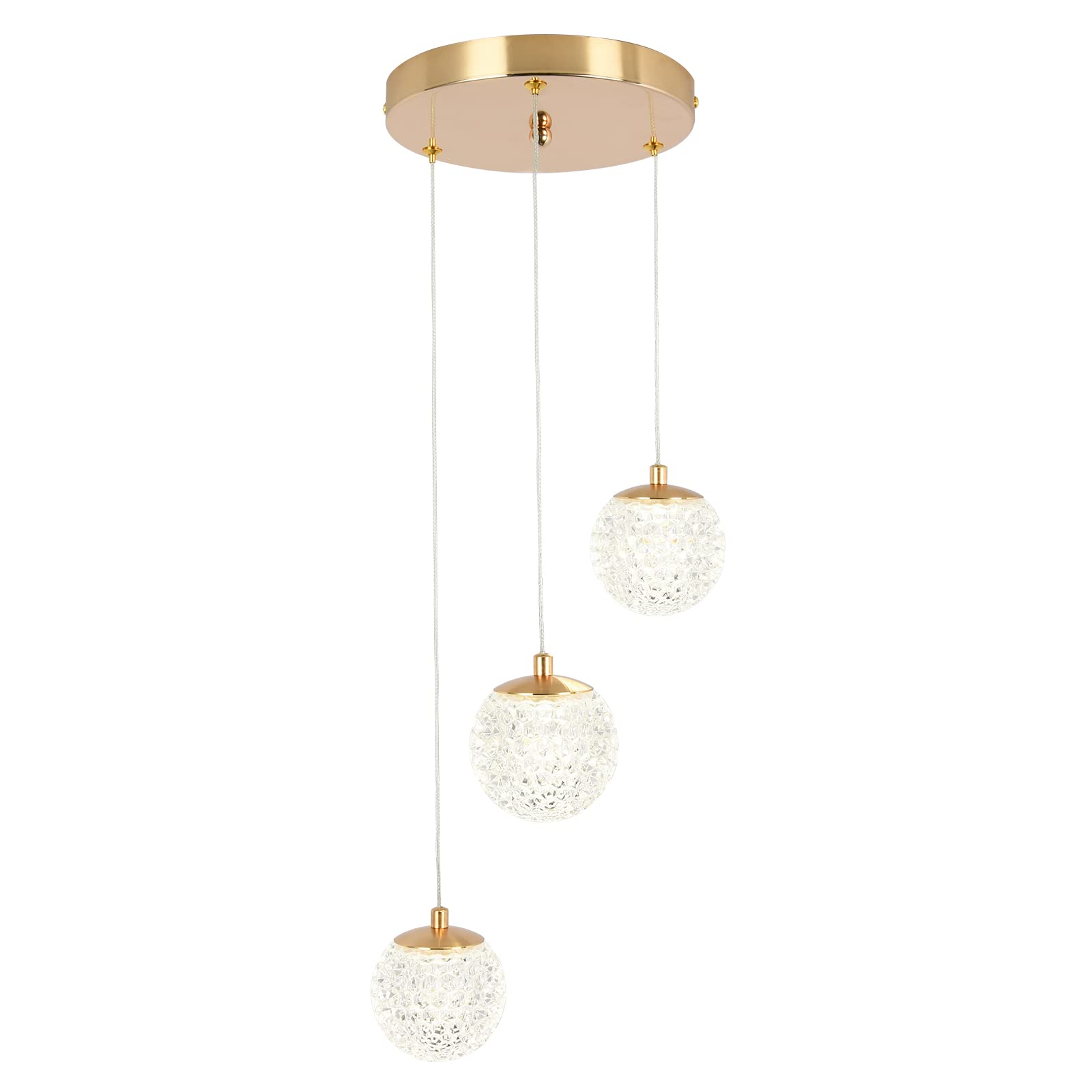 Gold Crystal Pendant Lights 5000k Daylight White,3-Light Mini Led Modern Brushed Brass Light Fixtures Ceiling Hanging, Glass Globes Pendant Lighting for Kitchen Island Bedroom Dining Room Foyer