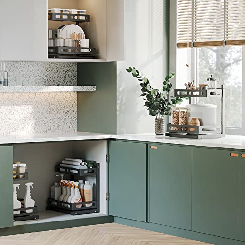 NETEL Under Sink Organizers and Storage, 2 Pack Metal Pull Out Under Cabinet Organizer with 4 Hooks,Kitchen Cupboard Organizer Shelf, Sliding Drawers for Bathroom