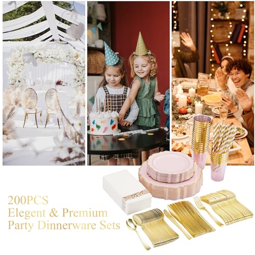 ISFANGCO 200 PCS Pink Thickened Plastic Plates Set for 25 Guests,Gold Rimmed Heavy Duty Disposable Plates for Party Wedding with Napkins,25 Dinner Plates,Dessert Plates,Spoons,Forks,Knives,Cups