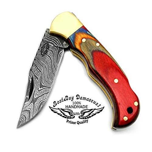 Multi Wood Unique Beautiful 6.5'' Custom Handmade Damascus Steel Brass Bolster Back Lock Folding Pocket Knife Sharpening Rod 100% Prime Quality Plus Beautiful Blue Wood Stainless Steel Pocket Knive