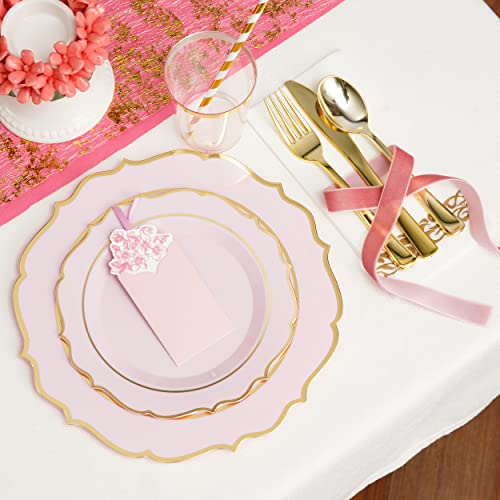 ISFANGCO 200 PCS Pink Thickened Plastic Plates Set for 25 Guests,Gold Rimmed Heavy Duty Disposable Plates for Party Wedding with Napkins,25 Dinner Plates,Dessert Plates,Spoons,Forks,Knives,Cups