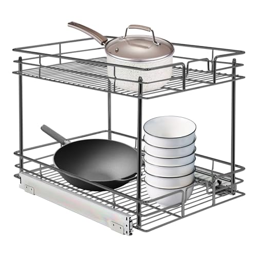 JAJADAH 2-Tier Cabinet Pull Out Shelves, Pull Out Cabinet Organizer, Kitchen Cabinet Organizer for Bathroom/Laundry Room & Kitchen (13.5" X 21.5" - Gray)