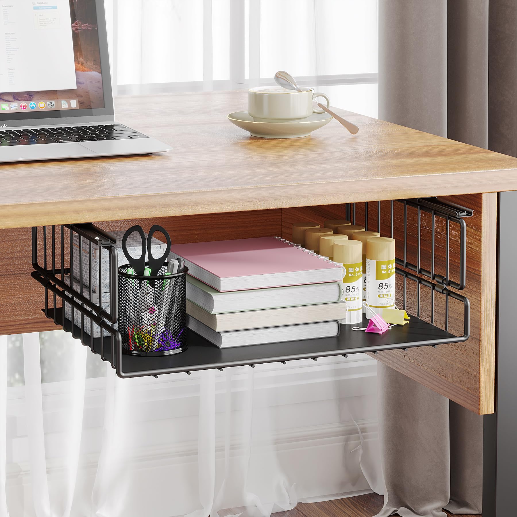 1Easylife Under Desk Storage Mesh Drawer Shelf, Self-Adhesive Pull Out Metal Tray Basket, No Drill Sliding Basket for Cable, Extension Cords, Home, Office, Workspace, Cabinet, Black