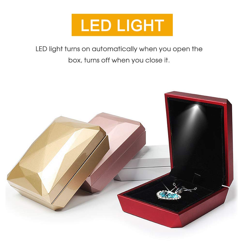 LamQee Necklace Box for Proposal Engagement Wedding Anniversary Birthday Valentine's Day LED Light up Velvet Diamond Pendant Necklace Storage Display Case - Gold