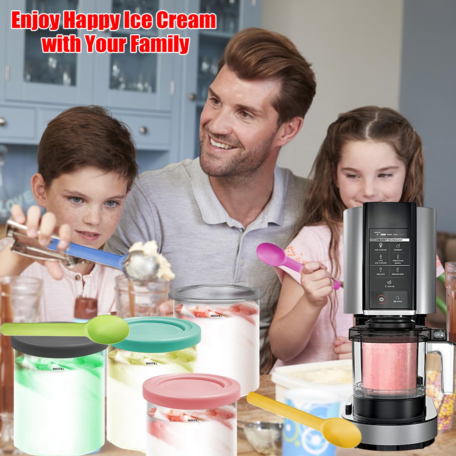 lelinker for Ninja Creami Ice Cream Maker Pints, Compatible with Ninja Creami Pints and Lids 4 Pack, [with 4 Pack Ice Cream Scoop] Compatible with nNC301,NC300,NC299AMZ Series Ice Cream Maker