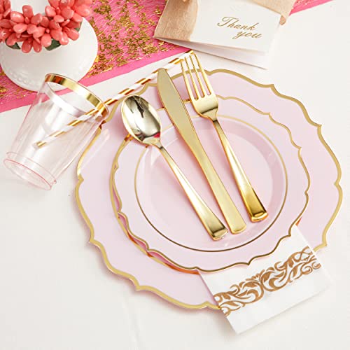 ISFANGCO 200 PCS Pink Thickened Plastic Plates Set for 25 Guests,Gold Rimmed Heavy Duty Disposable Plates for Party Wedding with Napkins,25 Dinner Plates,Dessert Plates,Spoons,Forks,Knives,Cups