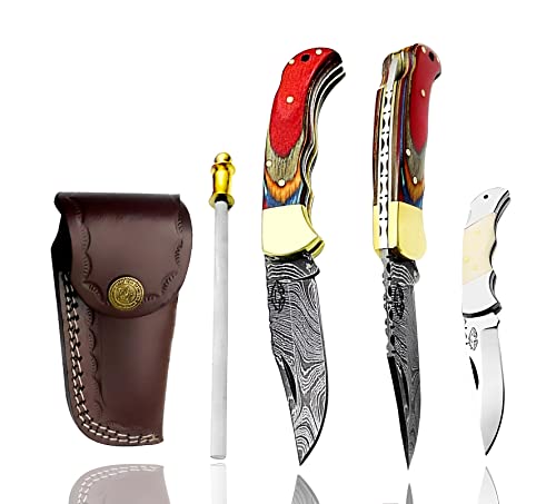 Multi Wood Unique Beautiful 6.5'' Custom Handmade Damascus Steel Brass Bolster Back Lock Folding Pocket Knife Sharpening Rod 100% Prime Quality Plus Beautiful Blue Wood Stainless Steel Pocket Knive
