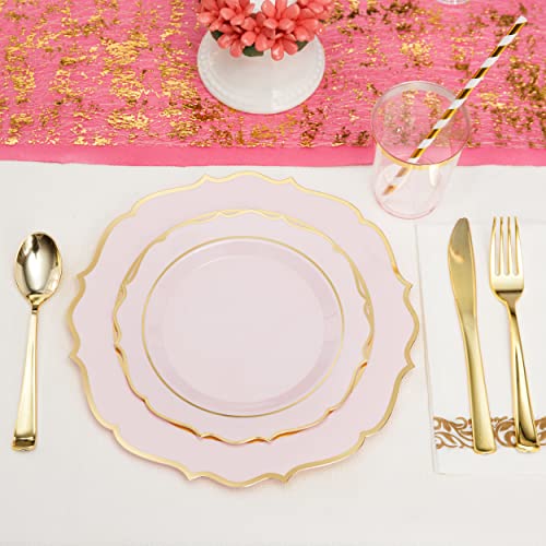 ISFANGCO 200 PCS Pink Thickened Plastic Plates Set for 25 Guests,Gold Rimmed Heavy Duty Disposable Plates for Party Wedding with Napkins,25 Dinner Plates,Dessert Plates,Spoons,Forks,Knives,Cups