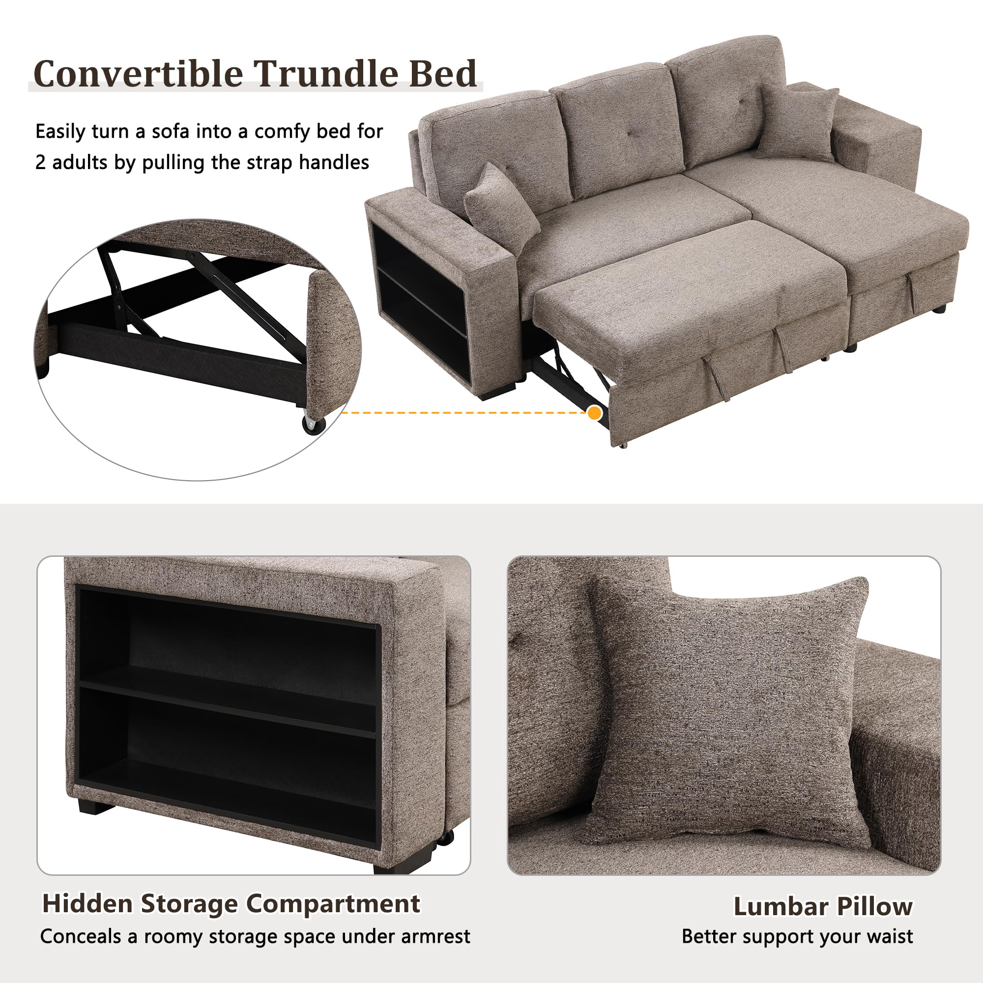 Eafurn L-Shaped Sectional Pull Out Bed and Reversible Chaise Lounge,Tufted Convertible Corner w/ 2 Stools and Storage Shelves,3 Seater Sofa & Couches for Living Room Furniture Set, Knox Charcoal 95"