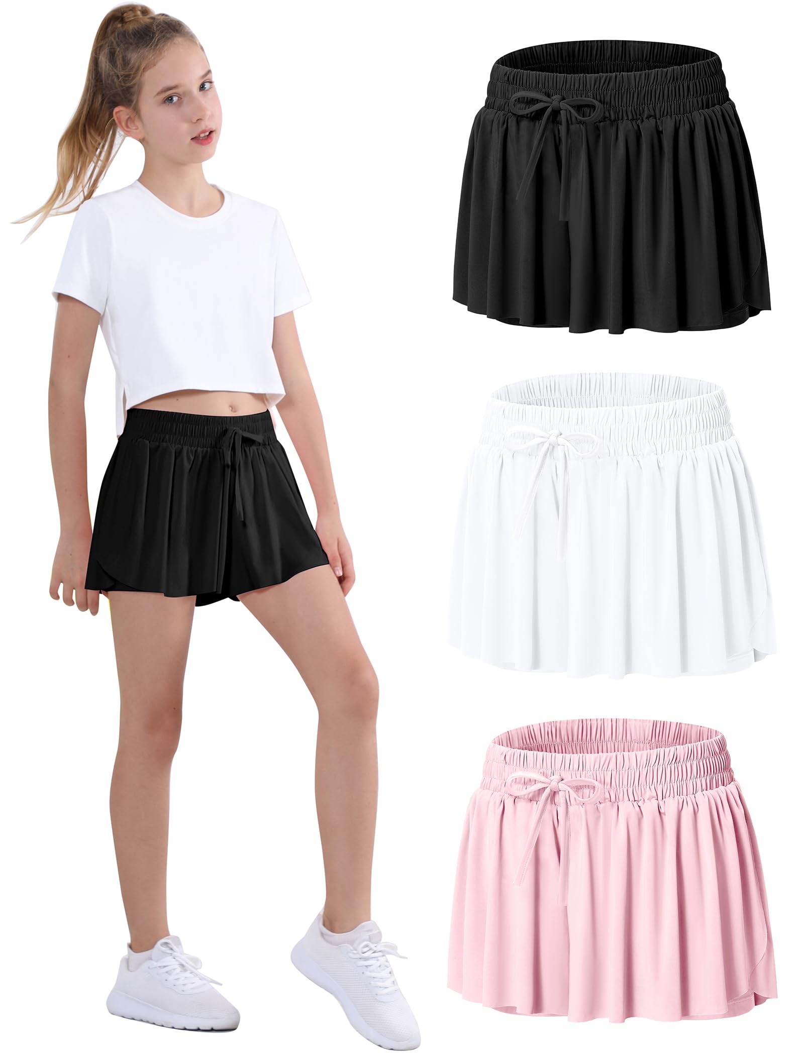 EXARUS 3 Pack Girls Butterfly Shorts Flowy Athletic Dance Cheer Running 2 in 1 Preppy Tennis Flutter Gym Kids Activewear Black White Pink 12Y