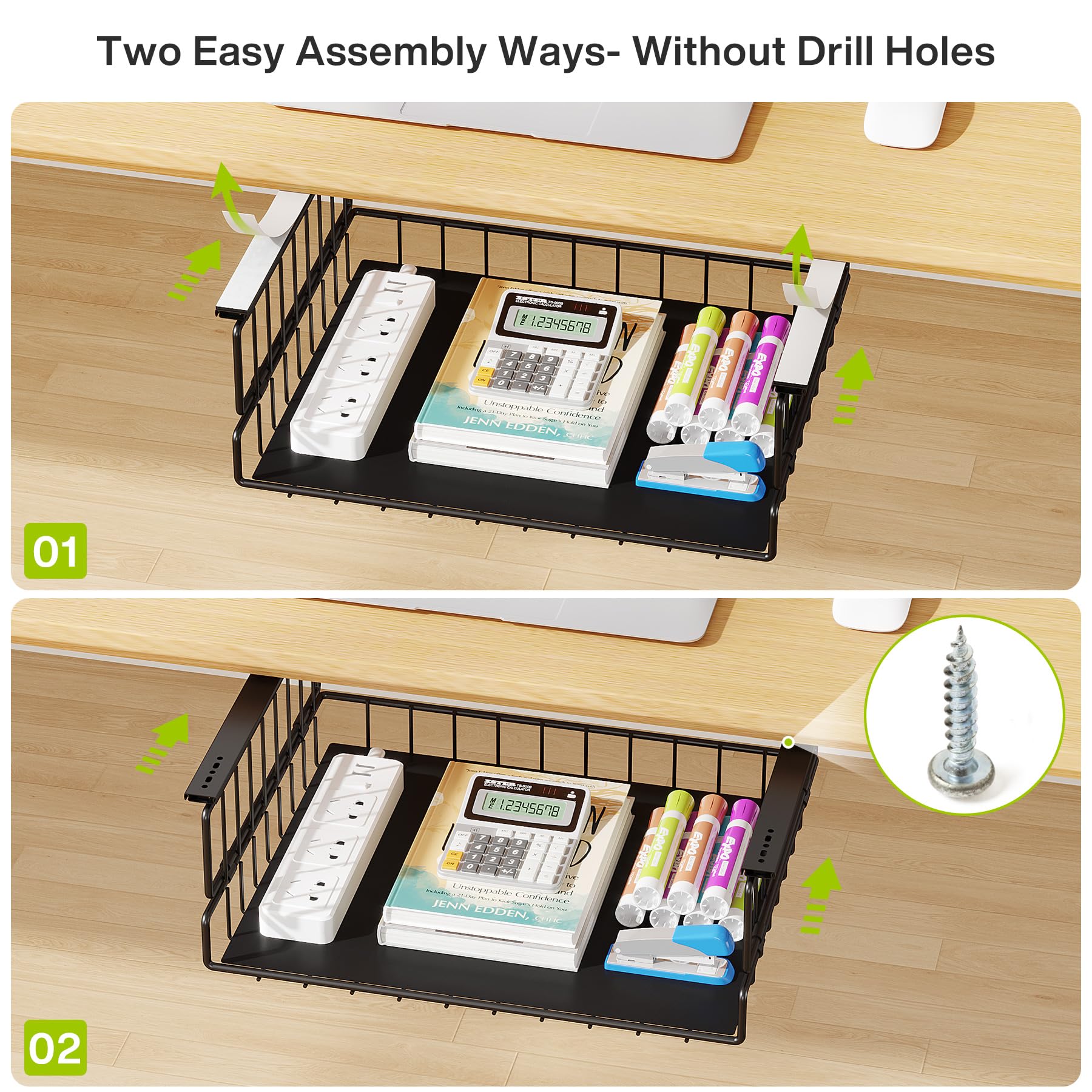 1Easylife Under Desk Storage Mesh Drawer Shelf, Self-Adhesive Pull Out Metal Tray Basket, No Drill Sliding Basket for Cable, Extension Cords, Home, Office, Workspace, Cabinet, Black