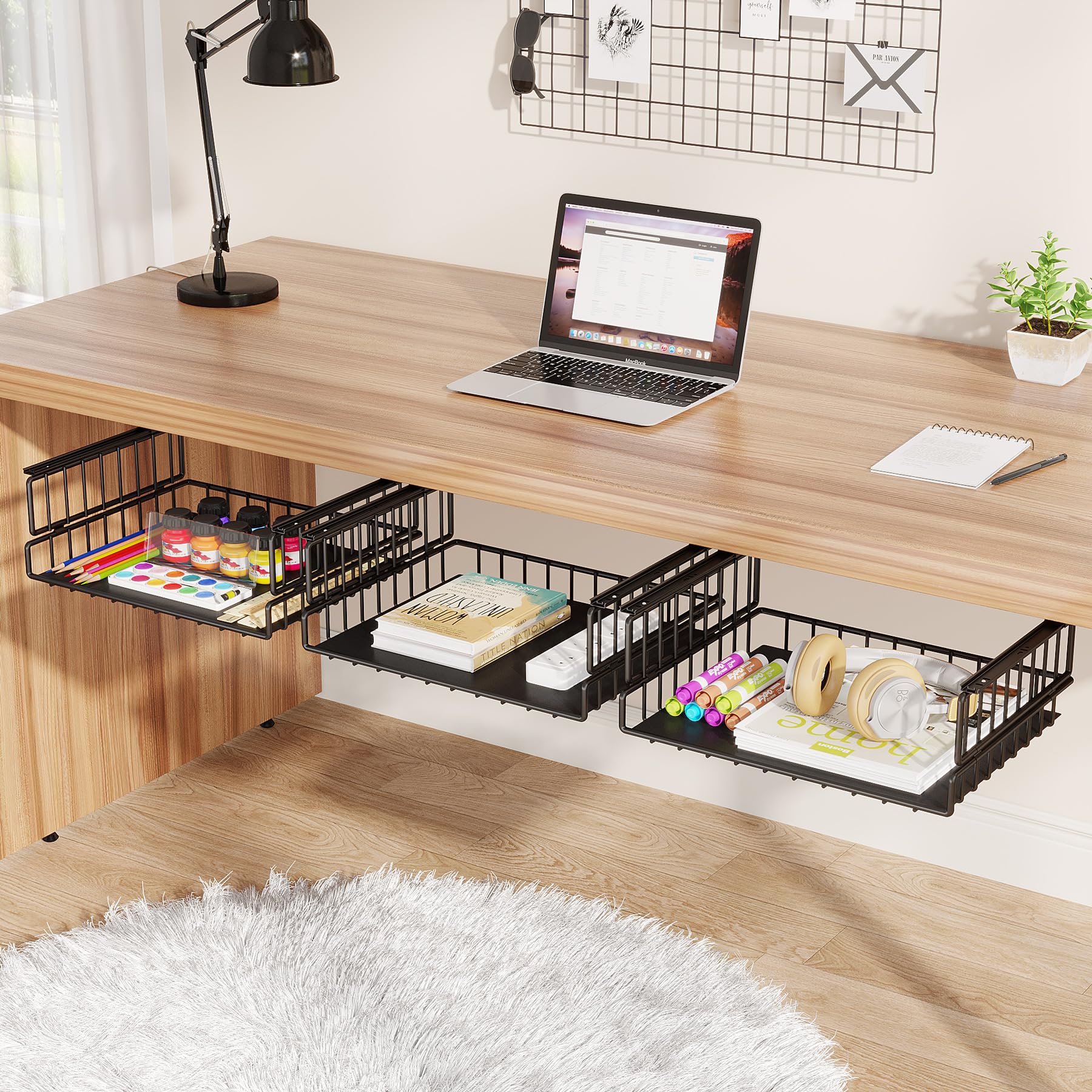 1Easylife Under Desk Storage Mesh Drawer Shelf, Self-Adhesive Pull Out Metal Tray Basket, No Drill Sliding Basket for Cable, Extension Cords, Home, Office, Workspace, Cabinet, Black