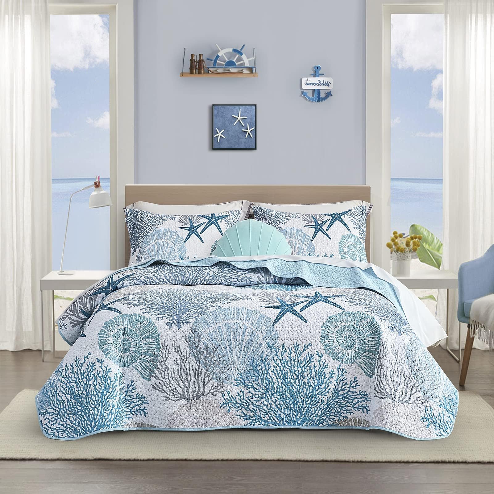 Tritard 3 Piece Coastal Quilt Sets Full/Queen Size - Reversible Microfiber Quilts with 2 Shams Soft Lightweight Beach Bedding Nautical Bedspread Coverlet Summer Comforter for All Season, 90''x96'', C1