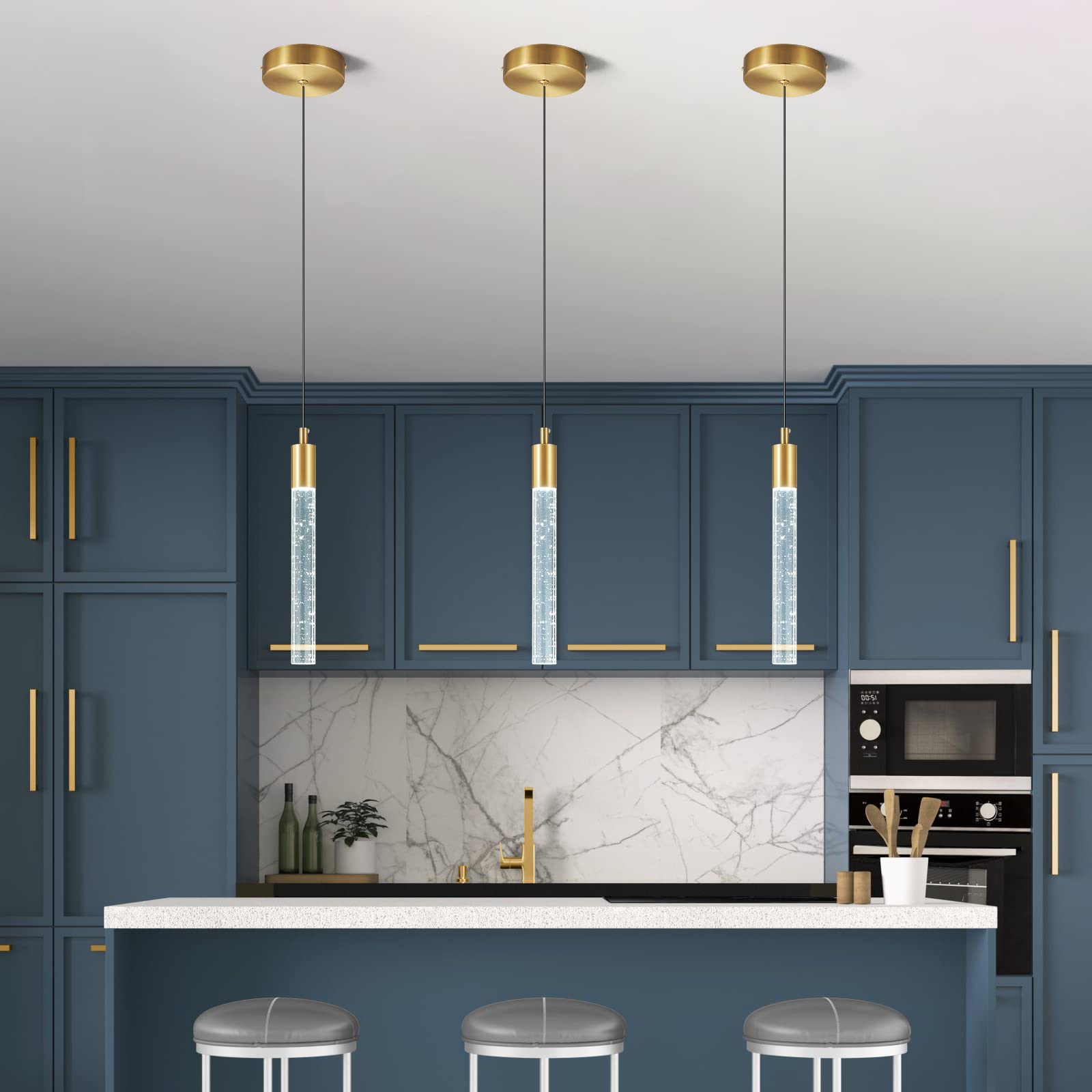 zhllmq Modern Kitchen Island Pendant Light Dimmable LED Gold Brass Finish Mini Crystal Pendant Lighting Bedroom Bedside Table Small Pendant Lights(3-Pack)