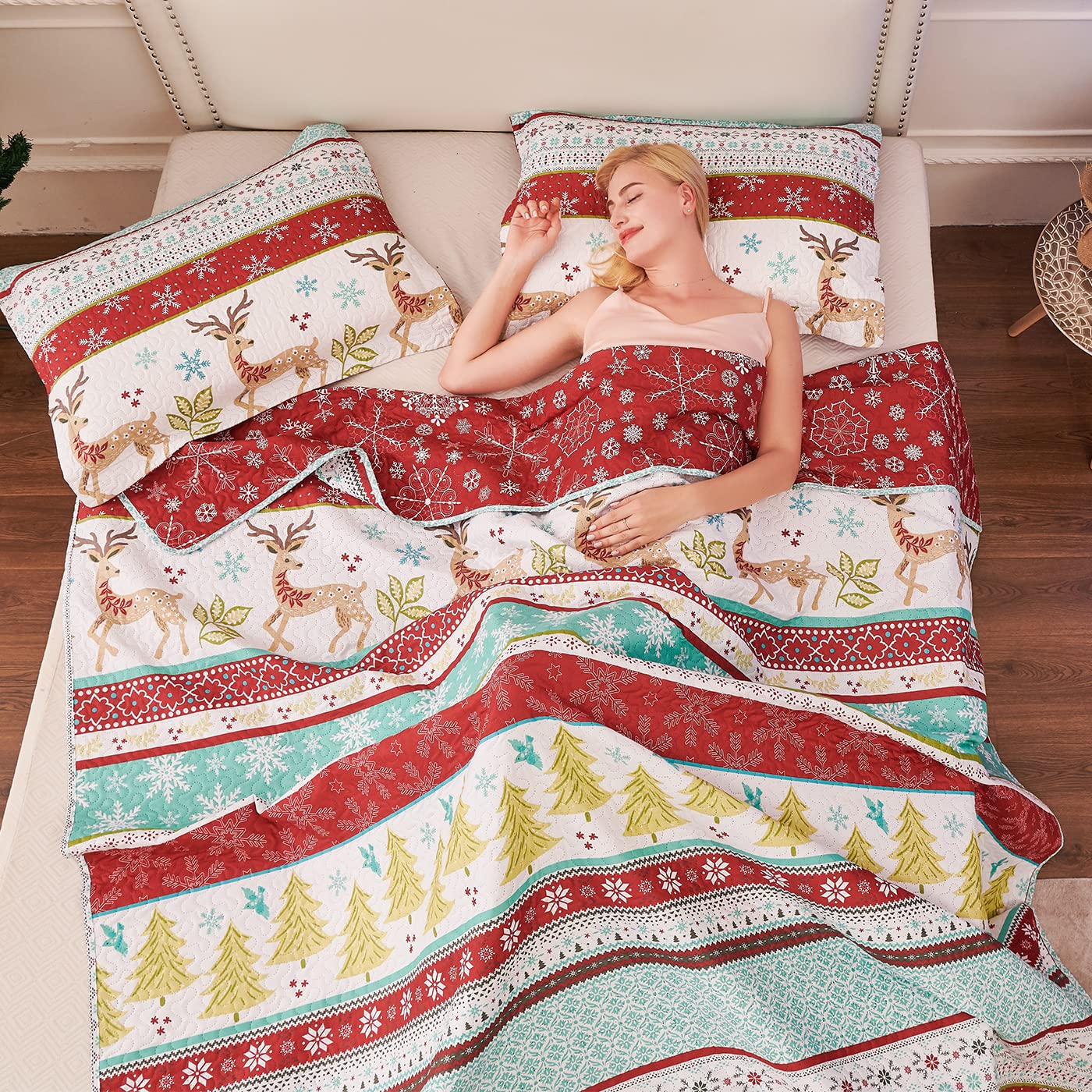 Jessy Home Christmas Bedding Set Queen Size Christmas Quilt Bedspread Xmas Reversible Christmas Coverlet Rustic Lodge Deer Snowflake Cabin Home Holiday Decor Christmas
