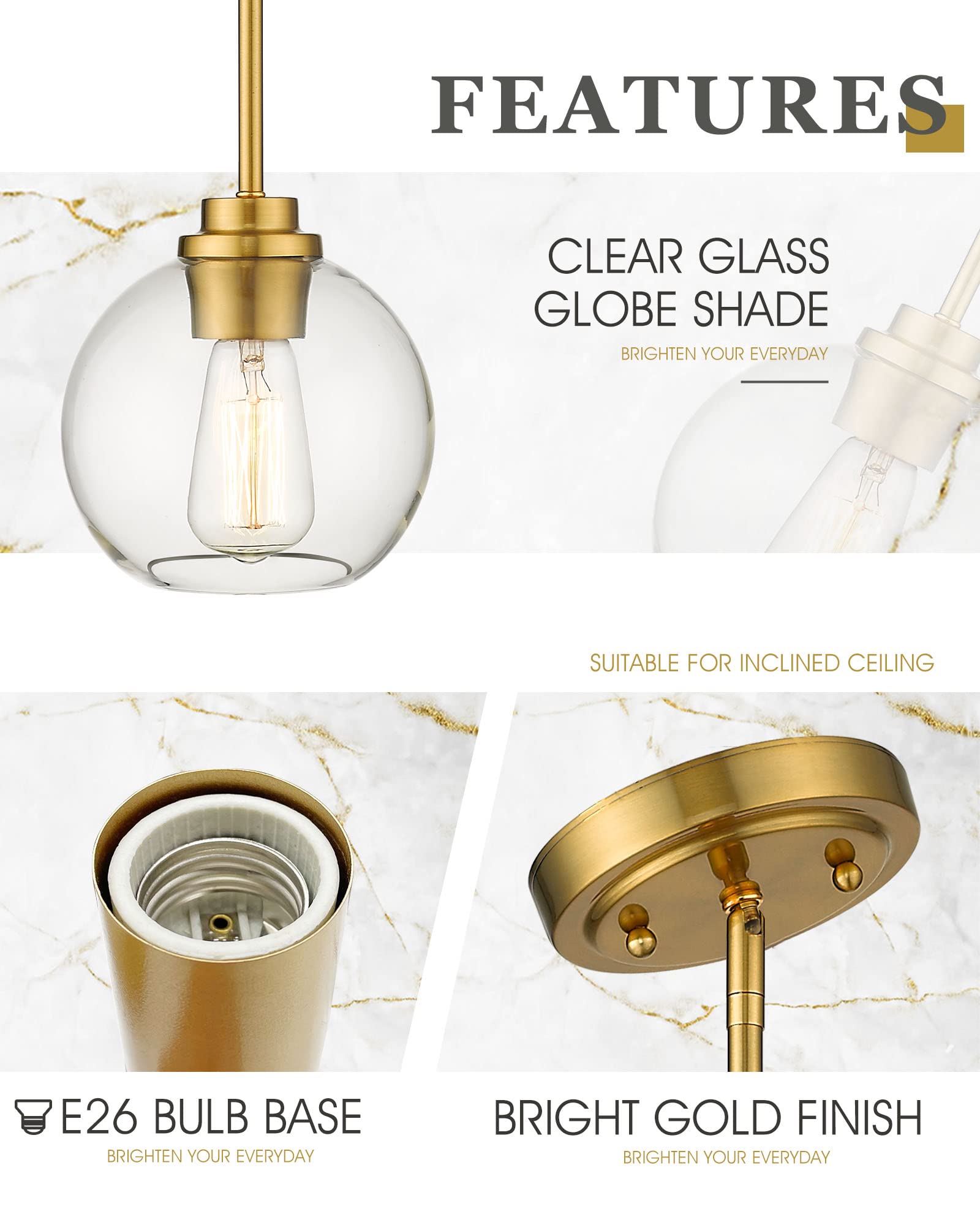 Audickic Pendant Lights Kitchen Island 2 Pack, Gold Pendant Light with Clear Glass Globe Shade, Farmhouse Hanging Light Fixtures for Dining Room, 22280-1P2-GD-C-V