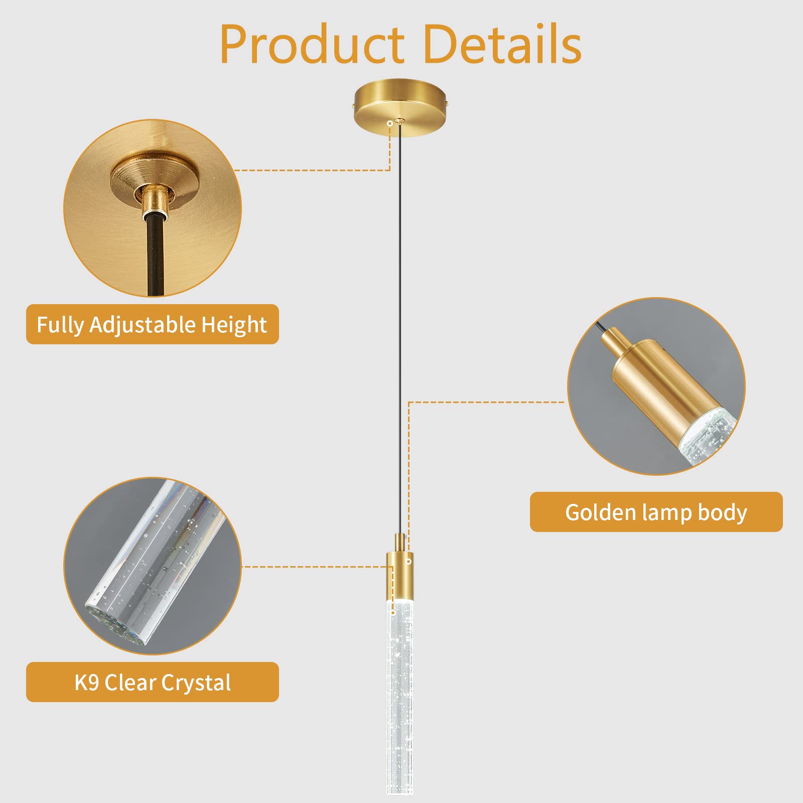 zhllmq Modern Kitchen Island Pendant Light Dimmable LED Gold Brass Finish Mini Crystal Pendant Lighting Bedroom Bedside Table Small Pendant Lights(3-Pack)