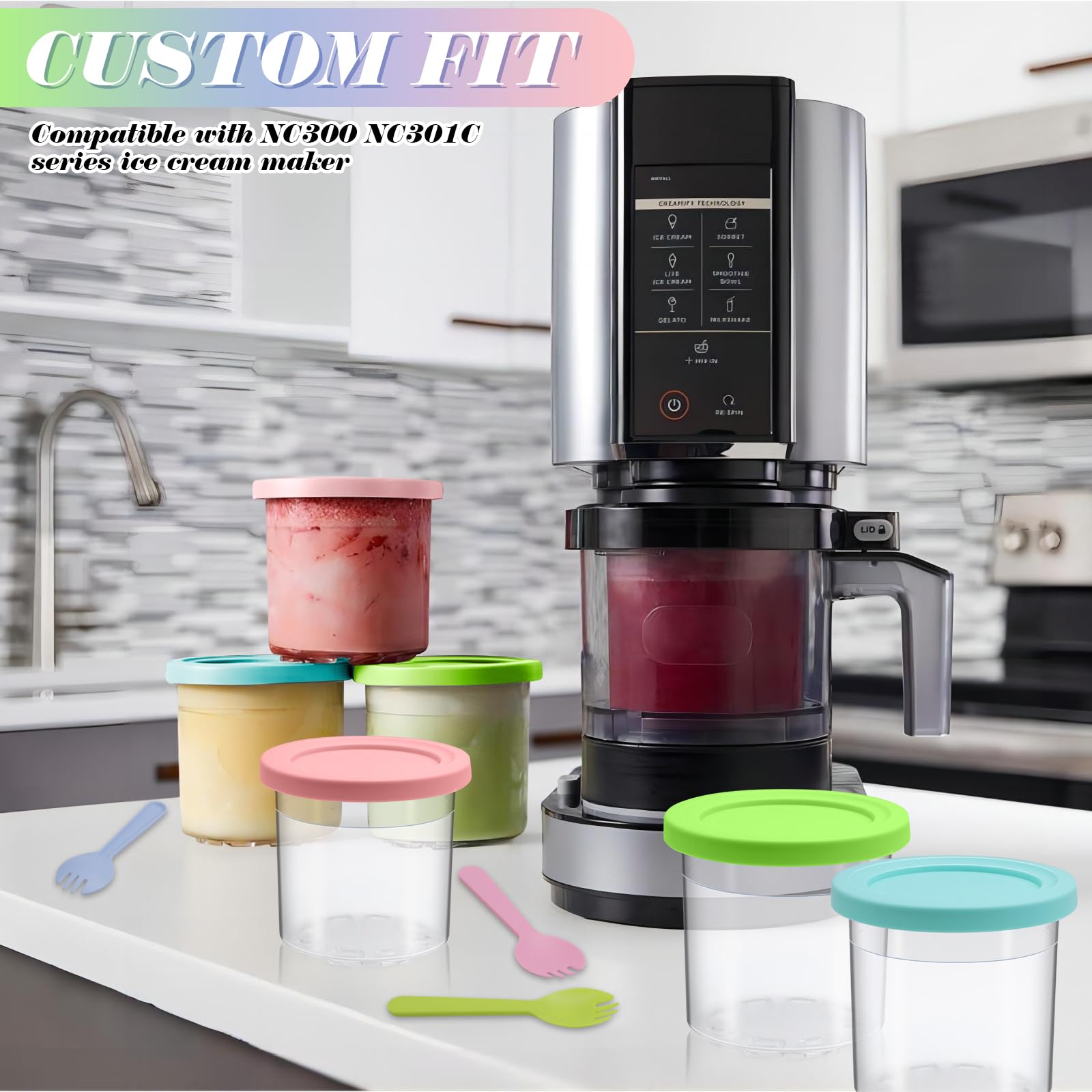 6 Pack Replacement Pint and Lid with Fork, SPOKKI Pint Containers with Silicone Lids, Compatible with Ninja Creami NC301 NC300s NC299AMZ Series, Airtight & Dishwasher Safe