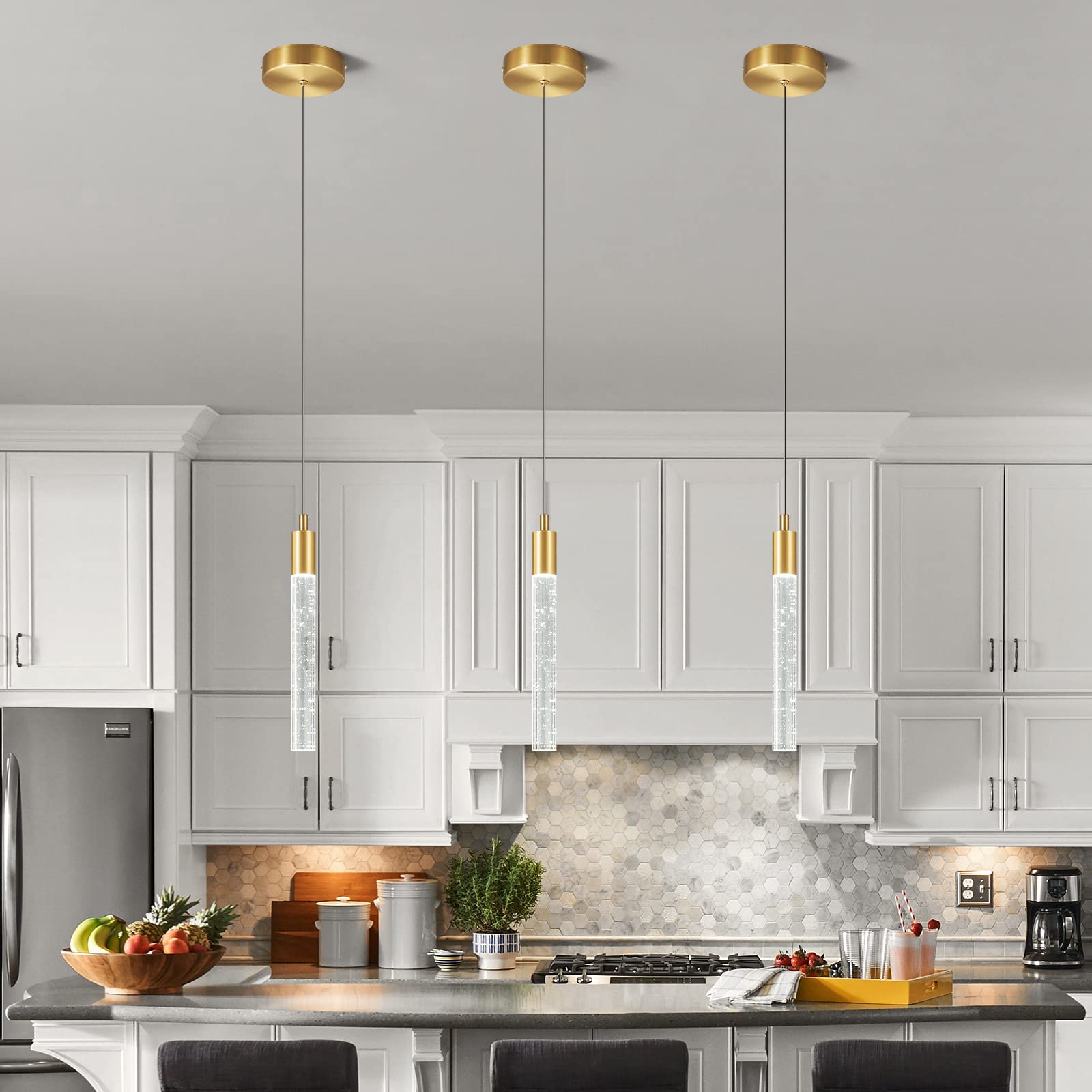 zhllmq Modern Kitchen Island Pendant Light Dimmable LED Gold Brass Finish Mini Crystal Pendant Lighting Bedroom Bedside Table Small Pendant Lights(3-Pack)