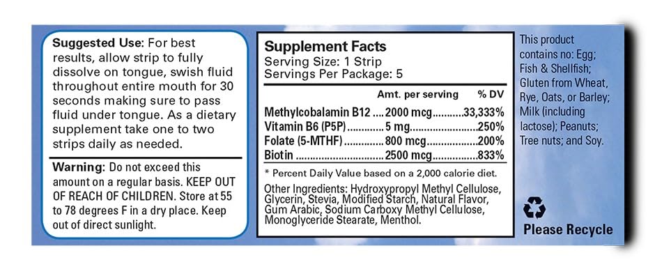 Essential Source Vitamin B12 Strips - Energy Supplement with 2000mcg of Methylcobalamin, B6, Folate & Biotin - Support Nerve & Brain Health, Stress Relief, Sleep - Winter Berry Flavor - 5 Day Supply
