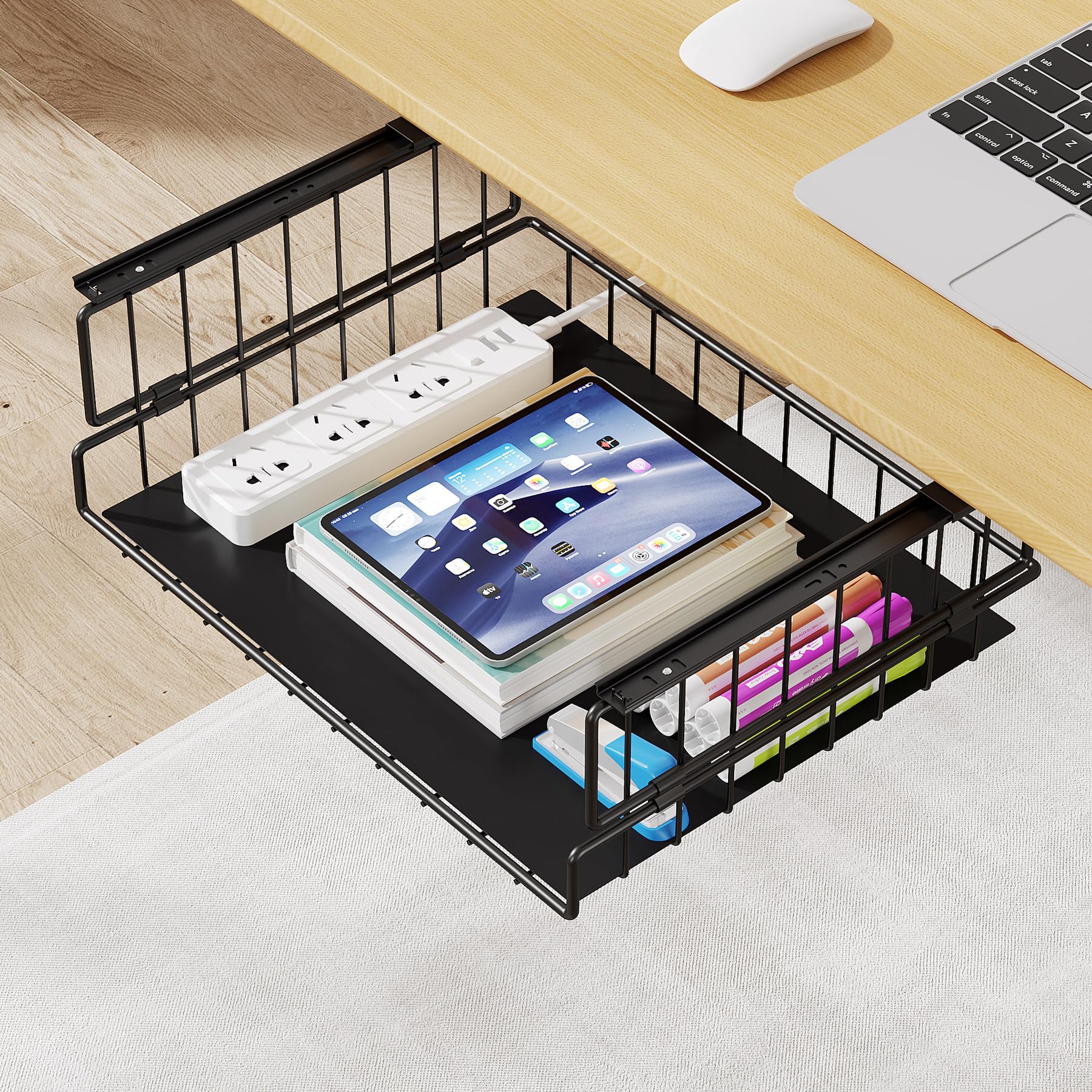 1Easylife Under Desk Storage Mesh Drawer Shelf, Self-Adhesive Pull Out Metal Tray Basket, No Drill Sliding Basket for Cable, Extension Cords, Home, Office, Workspace, Cabinet, Black