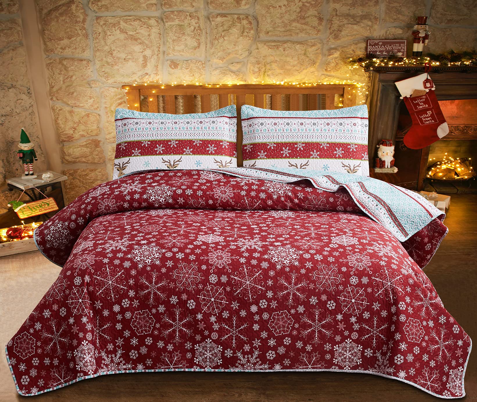Jessy Home Christmas Bedding Set Queen Size Christmas Quilt Bedspread Xmas Reversible Christmas Coverlet Rustic Lodge Deer Snowflake Cabin Home Holiday Decor Christmas