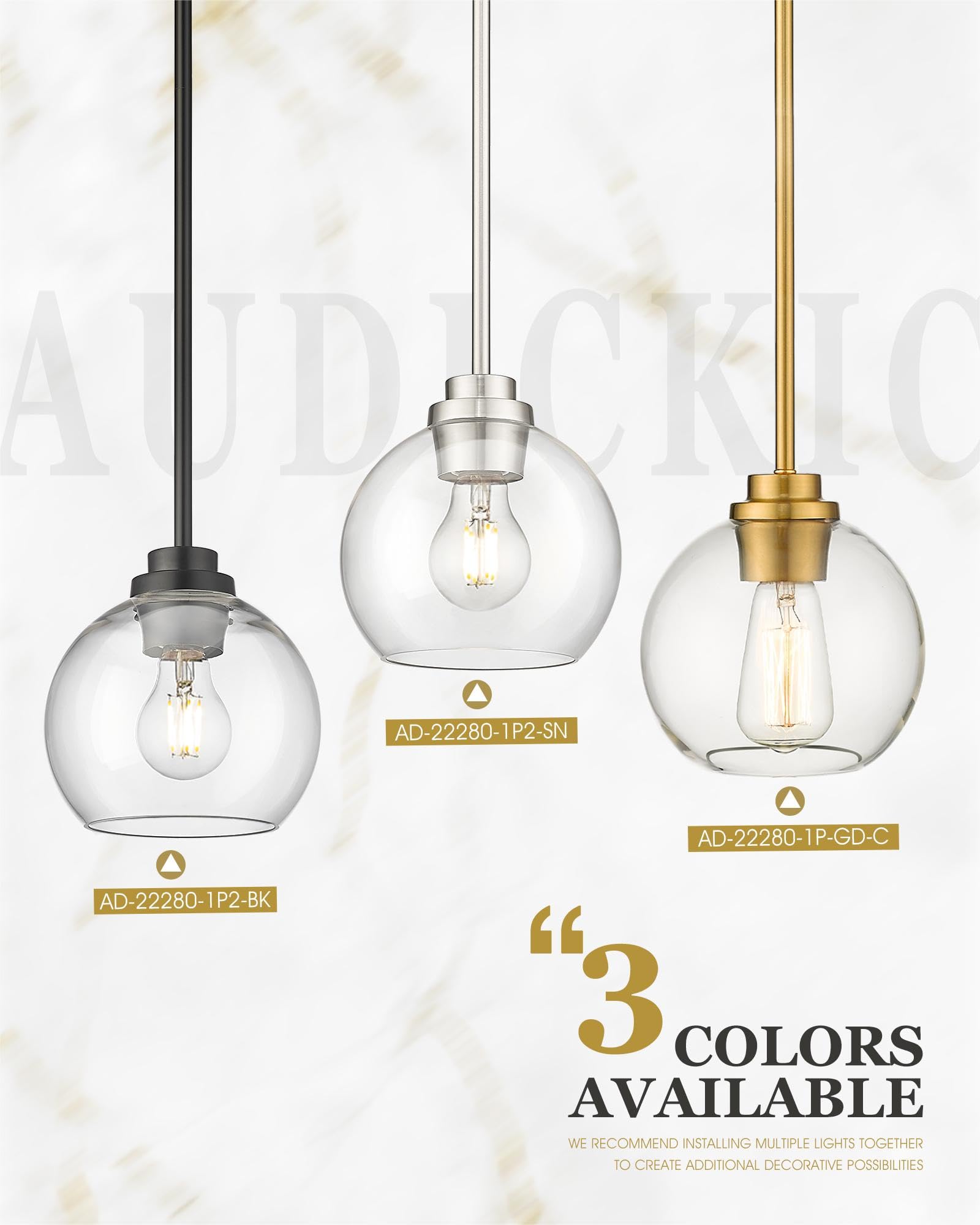 Audickic Pendant Lights Kitchen Island 2 Pack, Gold Pendant Light with Clear Glass Globe Shade, Farmhouse Hanging Light Fixtures for Dining Room, 22280-1P2-GD-C-V