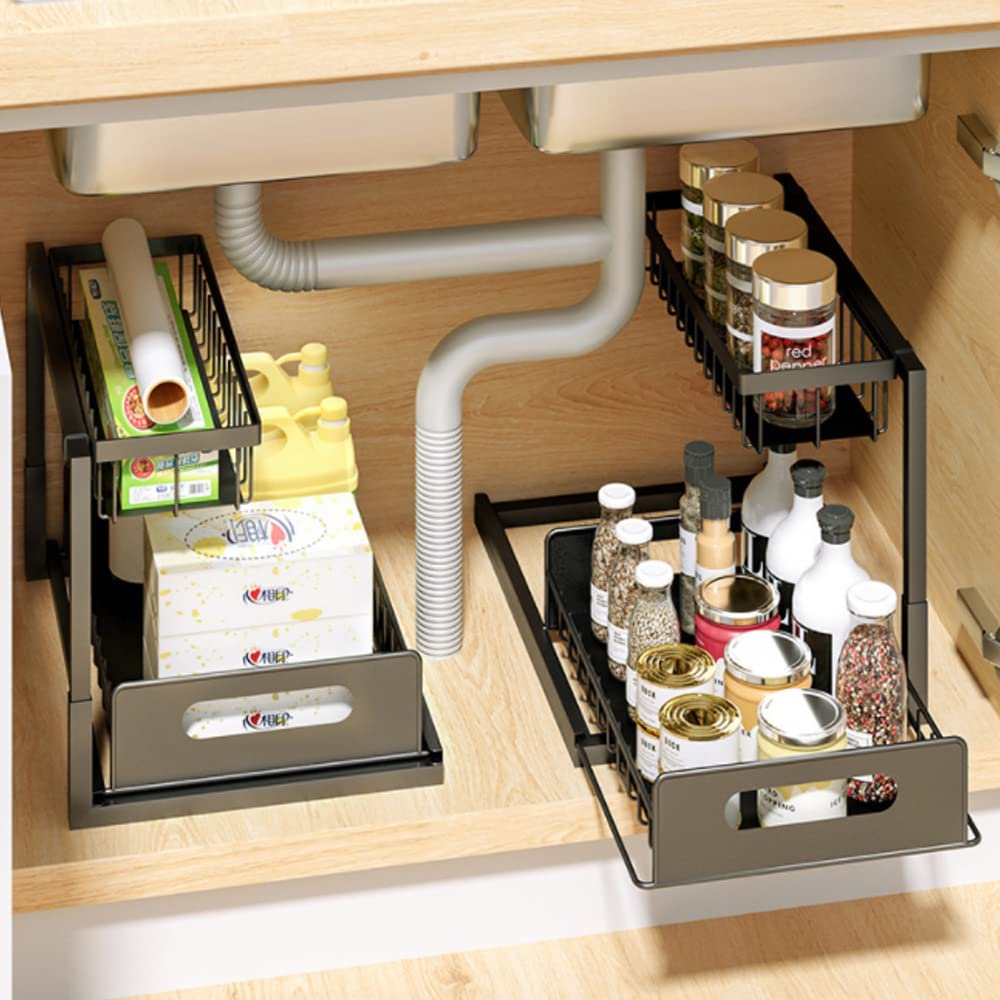 Knownyou Under Sink Storage, Pull Out Cabinet Organizer, 2 Tier Slide Out Sliding Shelf for Kitchen Bath (Black)