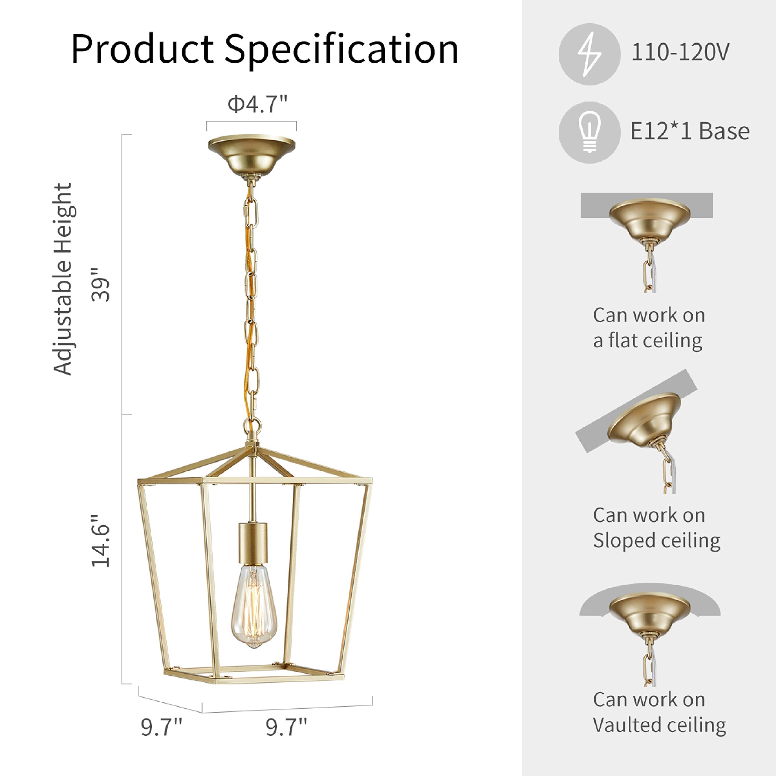 ANJIADENGSHI Lantern Pendant Light Lantern Iron Cage 1 E26 Bulbs Gold Chandelier for Dining Room Kitchen(Bulbs Not Included)