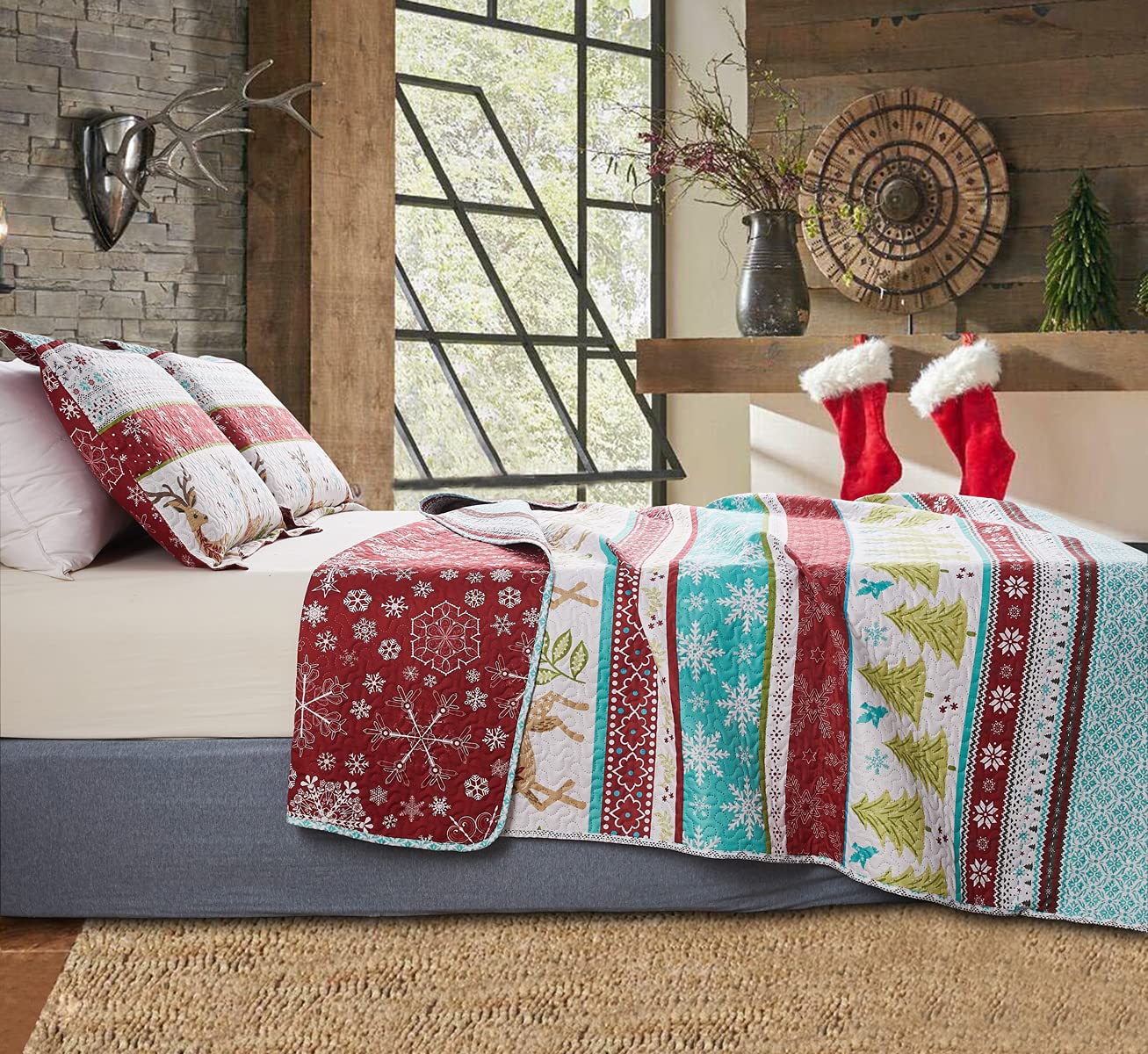 Jessy Home Christmas Bedding Set Queen Size Christmas Quilt Bedspread Xmas Reversible Christmas Coverlet Rustic Lodge Deer Snowflake Cabin Home Holiday Decor Christmas