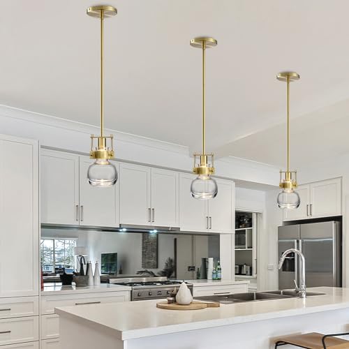 BUNKOS Modern Gold Pendant Light Hand Blown Glass Pendant Lighting for Kitchen Island Mini Globe Hanging Light Fixture in Brushed Brass Finished