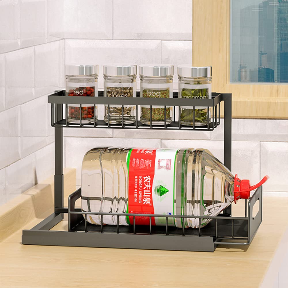 Knownyou Under Sink Storage, Pull Out Cabinet Organizer, 2 Tier Slide Out Sliding Shelf for Kitchen Bath (Black)