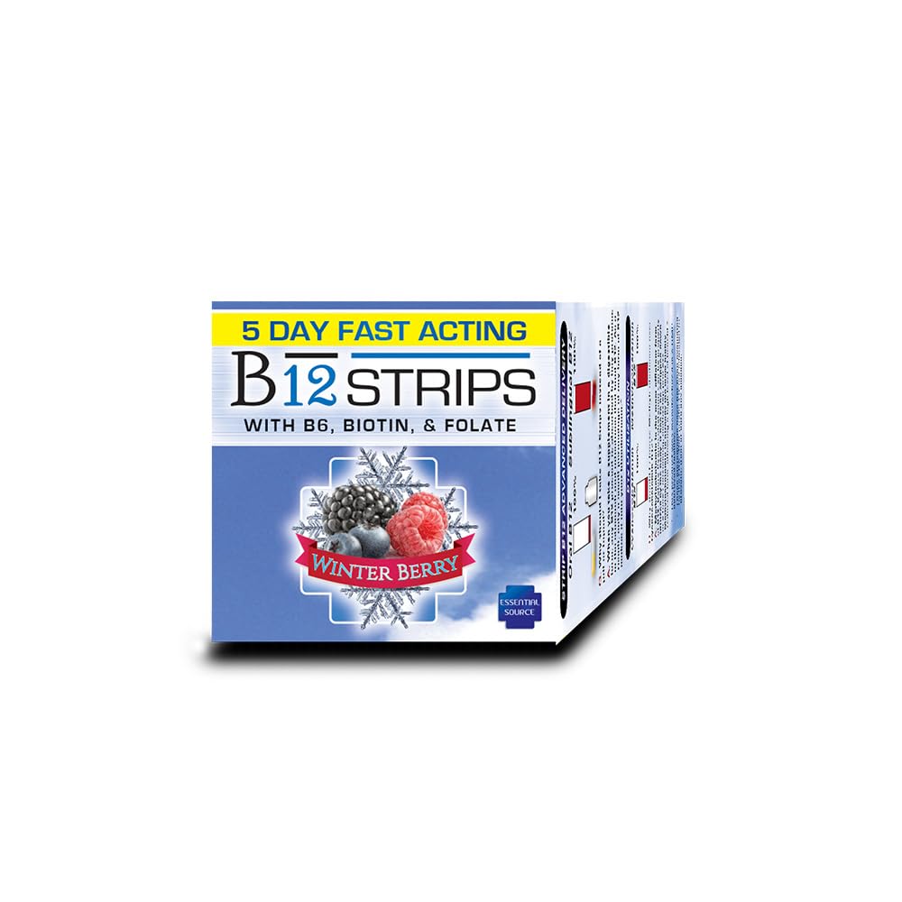 Essential Source Vitamin B12 Strips - Energy Supplement with 2000mcg of Methylcobalamin, B6, Folate & Biotin - Support Nerve & Brain Health, Stress Relief, Sleep - Winter Berry Flavor - 5 Day Supply