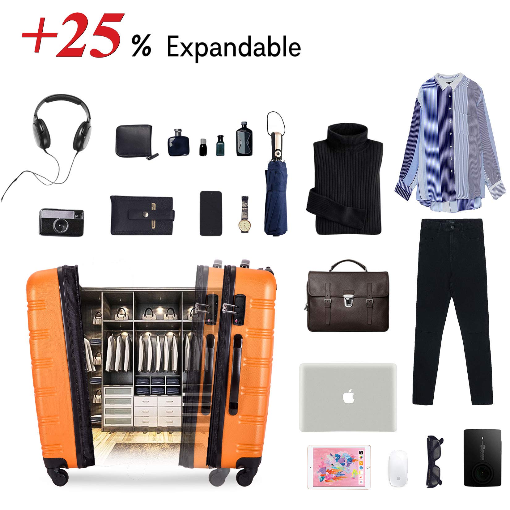 Merax Luggage Sets 3 Piece Suitcase Set 20/24/30,Carry on Luggage Airline Approved,Hard Case with Spinner Wheels,Orange