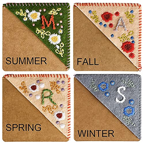 4PCS Personalized Hand Embroidered Corner Bookmark Easter Gift Cute Flower Embroidered Corner Bookmark Embroidery Book Marker Clip for Book Lovers Bookmarks for Meaningful Gift(All Seasons)