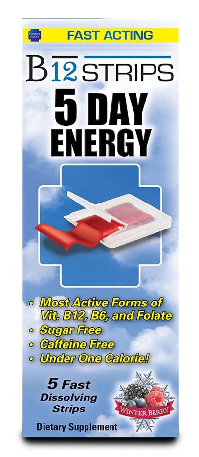 Essential Source Vitamin B12 Strips - Energy Supplement with 2000mcg of Methylcobalamin, B6, Folate & Biotin - Support Nerve & Brain Health, Stress Relief, Sleep - Winter Berry Flavor - 5 Day Supply