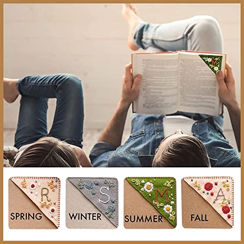 4PCS Personalized Hand Embroidered Corner Bookmark Easter Gift Cute Flower Embroidered Corner Bookmark Embroidery Book Marker Clip for Book Lovers Bookmarks for Meaningful Gift(All Seasons)
