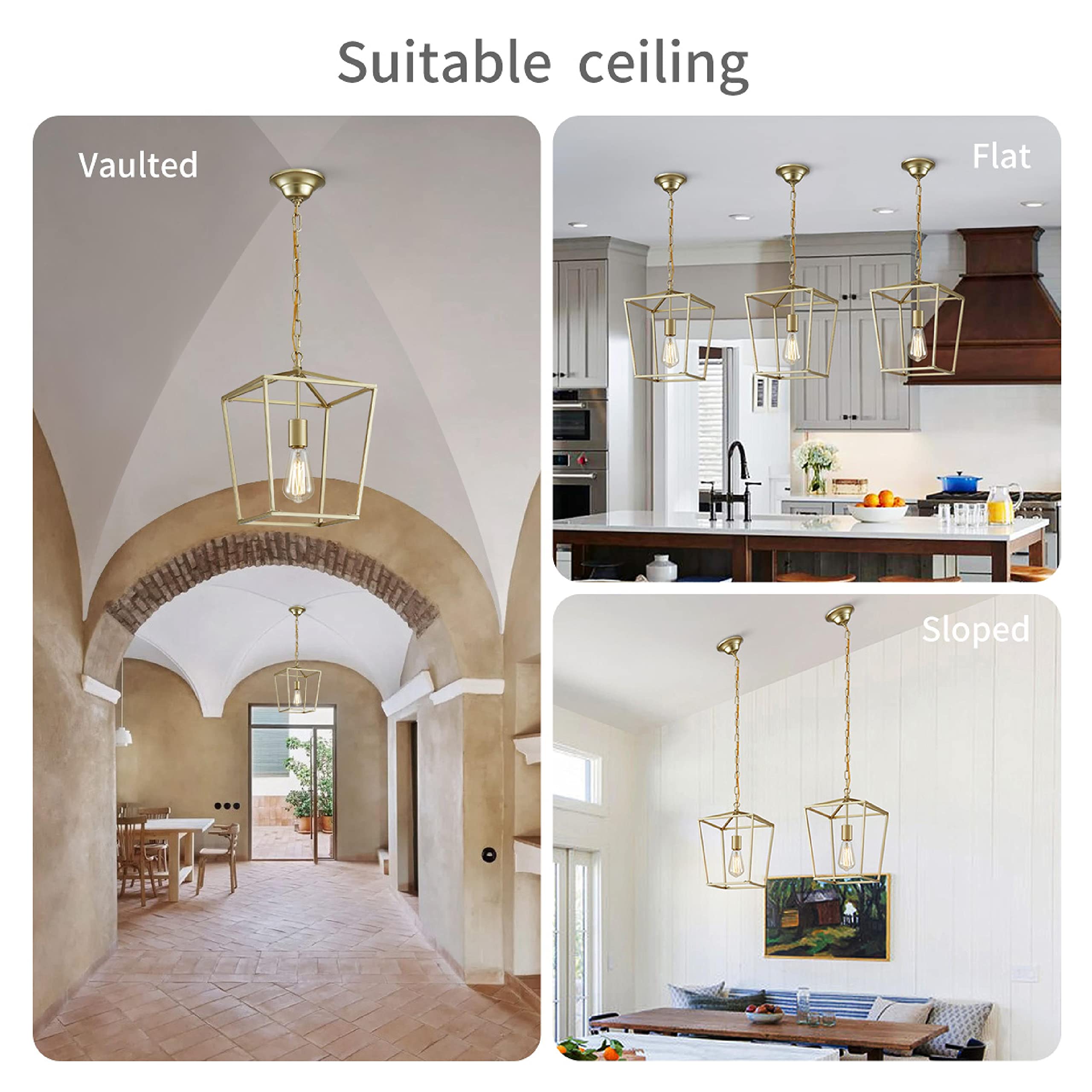 ANJIADENGSHI Lantern Pendant Light Lantern Iron Cage 1 E26 Bulbs Gold Chandelier for Dining Room Kitchen(Bulbs Not Included)