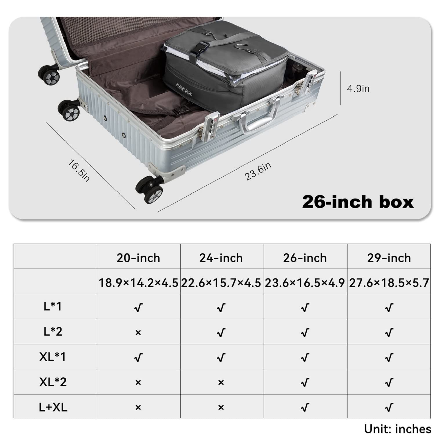 TABITORA Portable Hanging Travel Shelves Bag Packing Cube Organizer Suitcase Storage Large Capacity (Grey L)